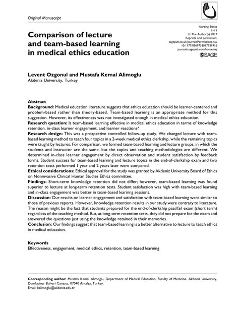 Pdf Comparison Of Lecture And Team Based Learning In Medical Ethics Education