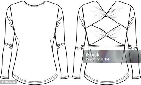 벡터 라운드 넥 긴 소매 톱 패션 Cad 매듭 기술 도면이있는 여성 겨울 티셔츠 컷 아웃 세부 사항 플랫 템플릿 스케치가있는