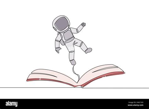 Continuous One Line Drawing Astronaut Hovering Over An Open Book Imagination To Be Astronaut