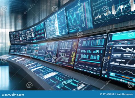 several digital screens show data charts statistics and analysis