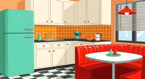 Illustration Of Retro Kitchen Diner With A Turquoise Refrigerator