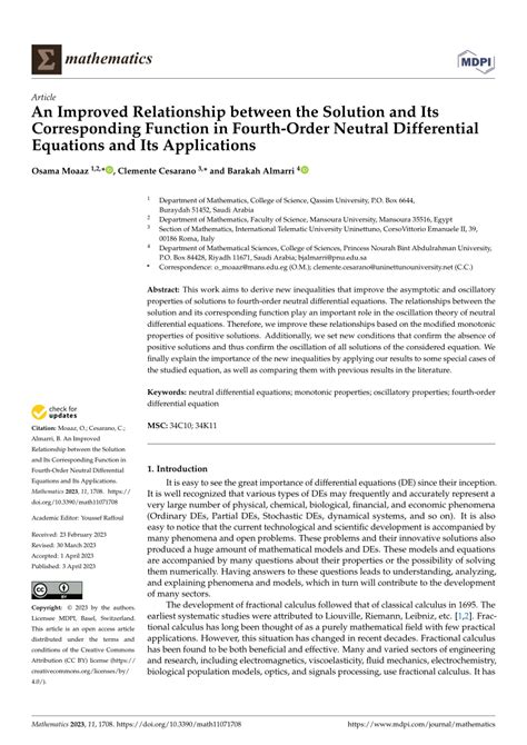 Pdf An Improved Relationship Between The Solution And Its Corresponding Function In Fourth