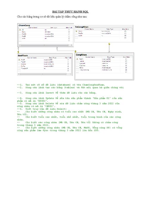 GIẢI BÀI TẬP THỰC HÀNH SQL N BÀI TẬP THỰC HÀNH SQL Cho các bảng trong cơ sở dữ liệu
