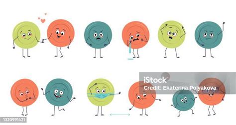 귀여운 캐릭터의 세트는 감정 얼굴 손과 발과 여러 가지 빛깔의 접시 미소 또는 슬픈 요리 사랑에 영웅은 거리를 유지 춤이나 울음 개체 그룹에 대한 스톡 벡터 아트 및 기타