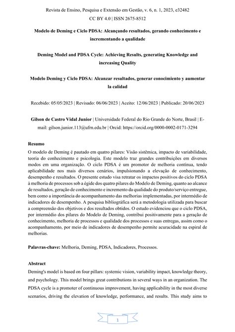Pdf Modelo De Deming E Ciclo Pdsa Alcançando Resultados Gerando Conhecimento E Incrementando