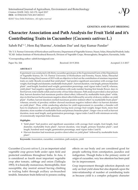 Pdf Character Association And Path Analysis For Fruit Yield And Its Contributing Traits In