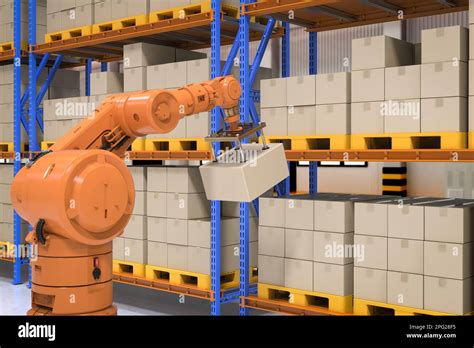 Automation Factory Or Cargo Concept With 3d Rendering Robotic Arm Carry Cardboard Box In