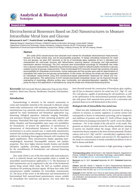 Electrochemical Biosensors Based On Zno Nanostructures To Measure Intracellular Metal Ions And