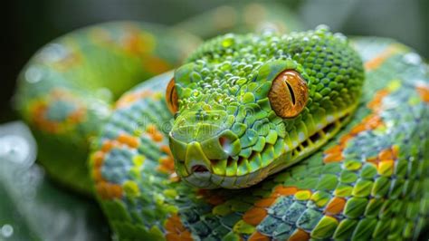 A Close Up Photo Of Adorable Green Tree Python Snake With Bright