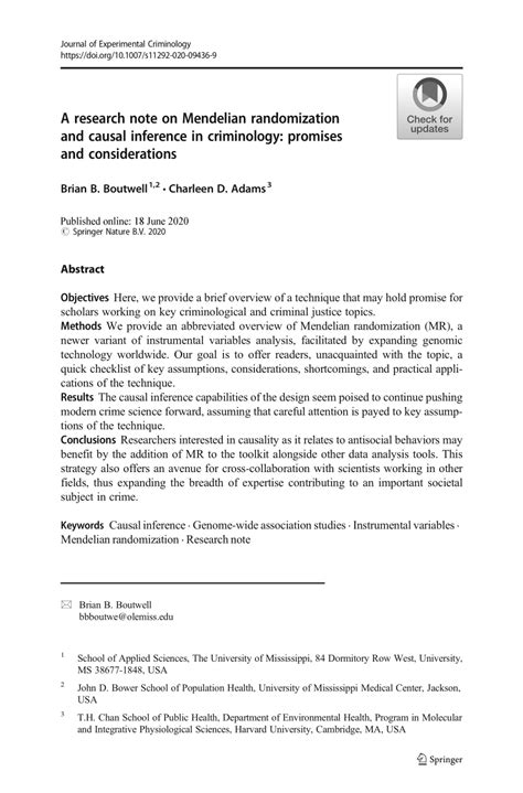 Pdf A Research Note On Mendelian Randomization And Causal Inference In Criminology Promises
