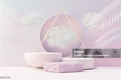 3d 뷰티 프리미엄 받침대 제품 디스플레이와 꿈꾸는 땅과 푹신한 구름 최소한의 파스텔 하늘과 구름 장면은 현재 제품 홍보 및 미용 화장품을 제공합니다 꿈의 로맨스 땅 개념