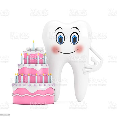 화이트 치아 사람 캐릭터 마스코트 생일 만화 디저트 계층화 케이크와 양초 3d 렌더링 개념에 대한 스톡 사진 및 기타 이미지 개념 건강 진단 건강관리와 의술 Istock