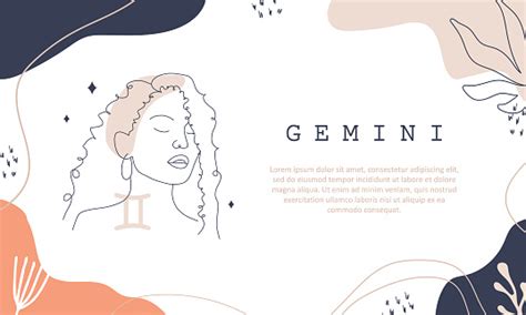 쌍둥이 자리 조디악 기호 한 줄 그리기 추상적 인 여성 얼굴을 가진 점성술 아이콘 수수께끼와 난해한 윤곽선 배경 점성술 수평 배너 미니멀리스트 스타일의 선형 벡터 일러스트