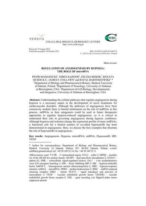 Pdf Regulation Of Angiogenesis By Hypoxia The Role Of Microrna