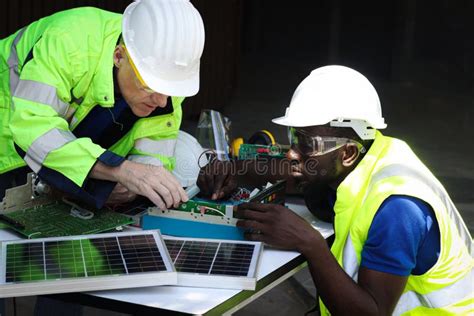 Two Electrical Engineers Working With Electronic Circuit Board And