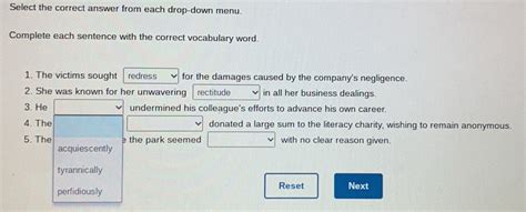 Select Correct Answer Drop Down Menu Complete Sentence Correct Vocabulary Word 1 Victims