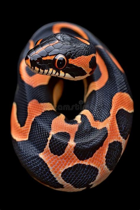 Vivid Orange And Black Python Coiled In A Captivating Pose Against A Dark Background Stock