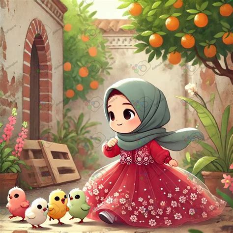 بک گراند کودکانه دختر ناز کوچولوی با حجاب و جوجه های رنگی کوچولو در حال