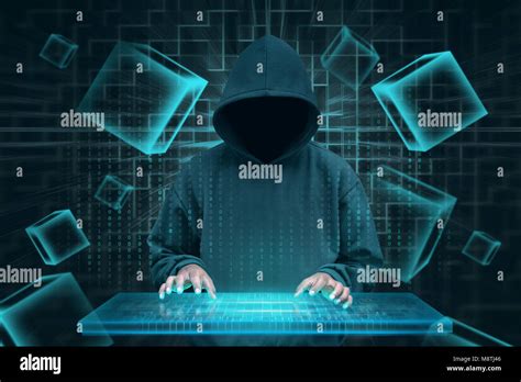 Hacker With Virtual Keyboard Trying To Hack Blockchain Security