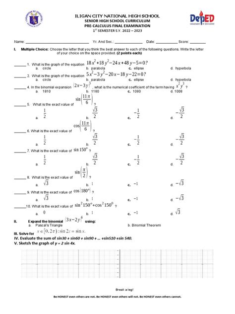 Pre Calculus Final Exam Pdf