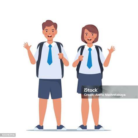 소년과 소녀의 커플 배낭을 메고 있는 행복한 학교 아이들의 초상화 함께 서 있는 두 아이 학교로 돌아 가기 벡터 그림입니다 고등학교 이하에 대한 스톡 벡터 아트 및 기타