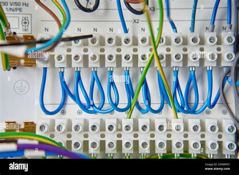 Colorful Wires And Components Connected To Terminal Block In Distribution Box Electrical