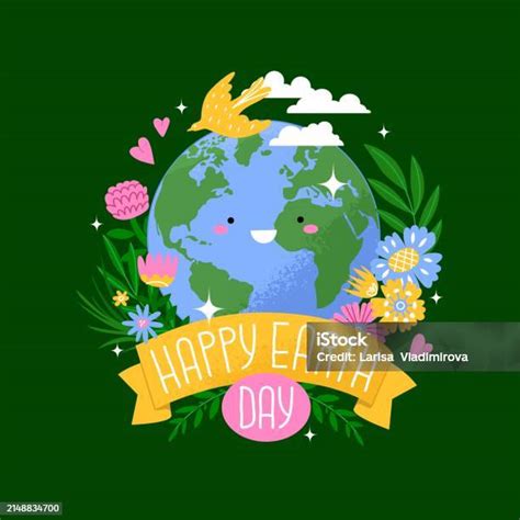 휴일 세계 지구의 날 포스터 꽃으로 둘러싸인 행복한 행성의 이미지입니다 환경 보호를 기념하는 행사 벡터 일러스트 레이 션은 녹색