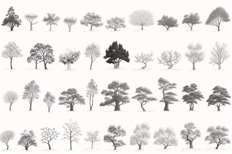 Premium Ai Image Minimal Style Cad Tree Line Drawing Side View Set Of Graphics Trees Elements