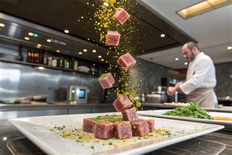 Small Cubes Of Meat Floating Falling With Green And Yellow Seasonings