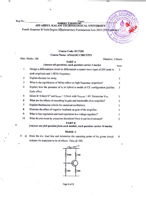 ECT Analog Circuits JUNE Reg No Name EcT R APJ ABDUL KALAM