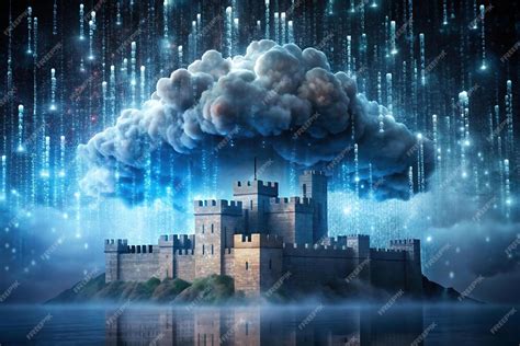 A Cyber Attack Visualized As A Dark Cloud Of Code Crashing Into A Digital Fortress Premium Ai