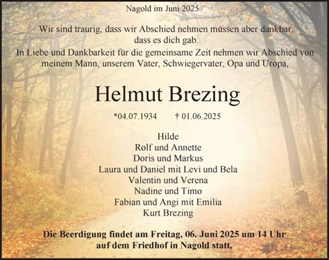 Traueranzeigen Von Helmut Brezing Schwarzwälder Bote Trauer