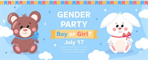 벡터 베이비 샤워와 성별은 파티 초대장 템플릿 포스터를 공개합니다 파란 배경에 곰이 있는 만화 유치한 장난감 하얀 토끼 가로 배경 전단지 행사 브로셔 0명에 대한 스톡 벡터