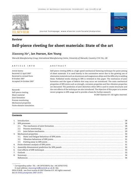 Pdf Self Pierce Riveting For Sheet Materials State Of The Art J