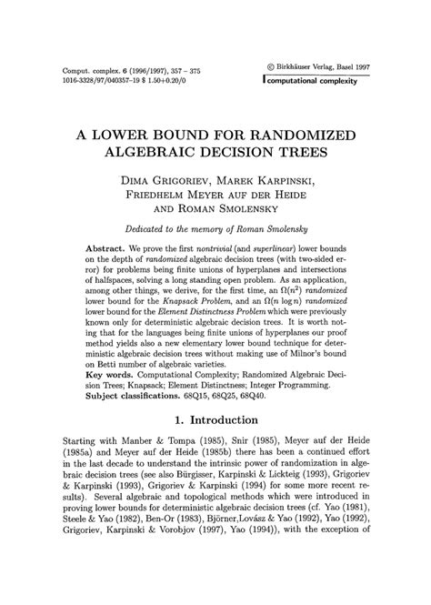 Pdf I Computational Complexity A Lower Bound For Randomized Algebraic