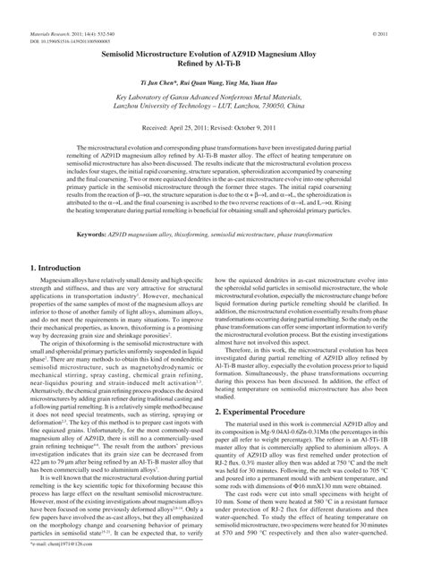 Pdf Semisolid Microstructure Evolution Of Az91d Magnesium Alloy Refined By Al Ti B