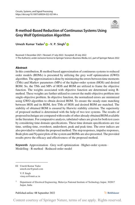 R Method Based Reduction Of Continuous Systems Using Grey Wolf Optimization Algorithm Request Pdf