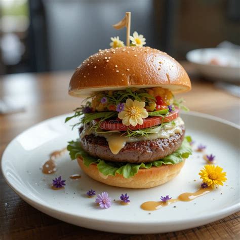 Perfectly Plated High End Burger With Tiny Edible Flowers Stock