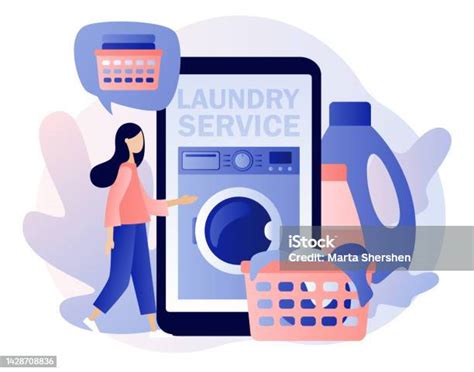 스마트폰 앱에서 온라인 세탁 서비스 세탁소 가전 제품 하우스 키핑 개념 세탁기 현대 플랫 만화 스타일 흰색 배경에 벡터 일러스트 레이 션 호텔룸 관리 직원에 대한 스톡 벡터
