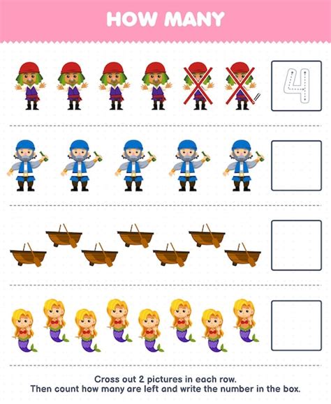 어린이를 위한 교육 게임은 귀여운 만화 보트 노인 인어의 수를 세고 인쇄 가능한 해적 워크시트 상자에 숫자를 씁니다 프리미엄 벡터