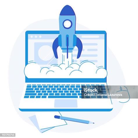 랩톱 시작 웹 크리에이 티브 전략 성공 출시 로켓 로고 비즈니스 솔루션 평면 벡터 일러스트 레이 션 새로운에 대한 스톡 벡터 아트 및 기타 이미지 Istock