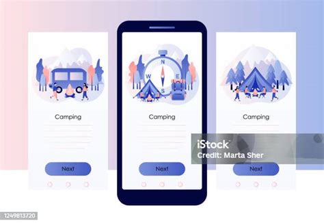 캠핑 컨셉 자연 관광 텐트 캠프 파이어 산과 숲 여름 캠프에서 작은 사람들 모바일 스마트 폰화면 템플릿입니다 현대 플랫 만화