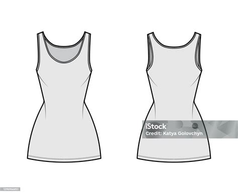 스쿱 넥 스트랩 미니 길이 몸에 맞는 연필 의 충만함이 있는 탱크 드레스 테크니컬 패션 일러스트 플랫 0명에 대한 스톡 벡터 아트 및 기타 이미지 Istock