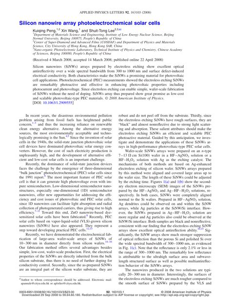 pdf silicon nanowire array photoelectrochemical solar cells