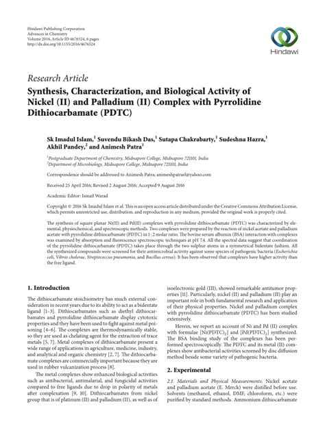 Pdf Synthesis Characterization And Biological Activity Of Nickel Ii And Palladium Ii