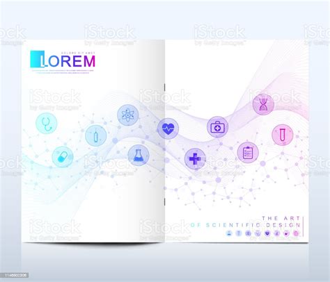브로셔 전단 전단지 커버 및 A4 크기의 카탈로그에 대 한 최신 벡터 템플릿입니다 Dna 나선 Dna 가닥 분자 또는 원자 뉴런 과학 또는 의료 배경에 대 한 추상 구조 0