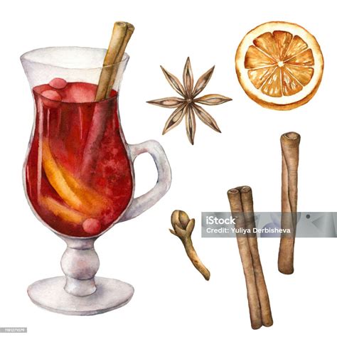 멀드 와인과 향신료가 어울린 수채화 크리스마스 세트 손으로 그린 와인 잔 스타 아니스 정향 오렌지와 계피는 흰색 배경에 고립 디자인 인쇄 배경에 대 한 겨울 그림입니다