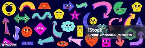 장난기 넘치는 화살표가 있는 수학 교육을 위한 그림 캐릭터 모양 세트 아이를 위한 기하학적인 귀여운 미소 캐릭터 유치원 게임을