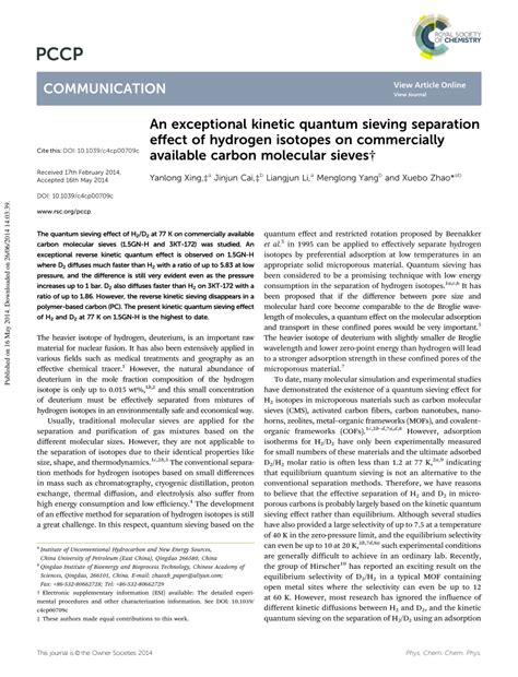 Pdf An Exceptional Kinetic Quantum Sieving Separation Effect Of Hydrogen Isotopes On