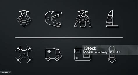 세트 라인 제트 스키 드론 비행 윈드 서핑 액션 익스트림 카메라 구급차 및 응급 차량 모토 크로스 오토바이 헬멧 롱 보드 스케이트 보드 및 스노우 모빌 아이콘 벡터 0명에